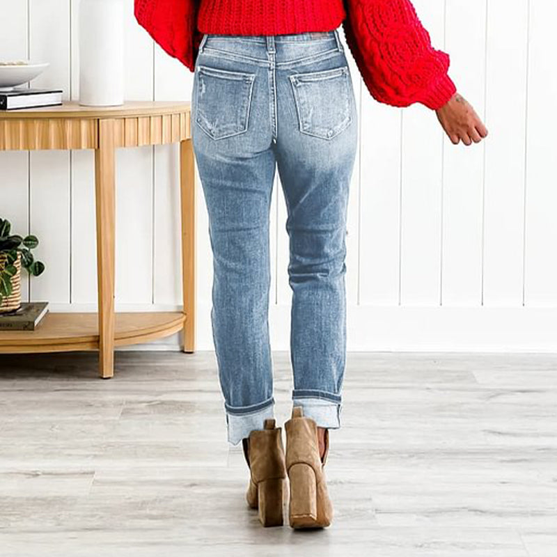 Tummy Control Distressed Cuffed Boyfriend Jeans – Peachys®